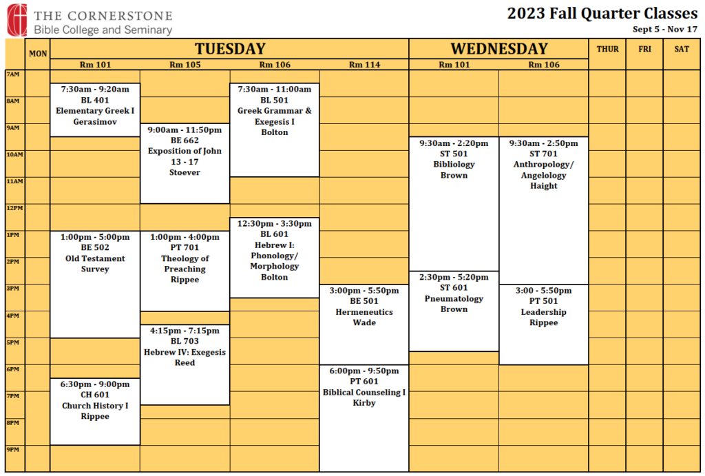 Course Schedule · The Cornerstone Bible College and Seminary